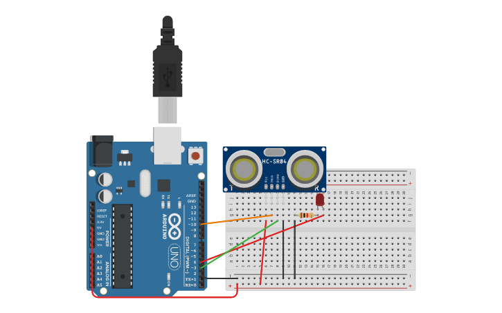 Circuit design Diodo con sensor ultrasónico de distancia - Tinkercad