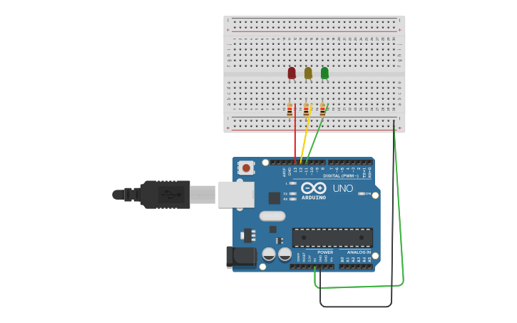 Circuit design Three Led - Tinkercad
