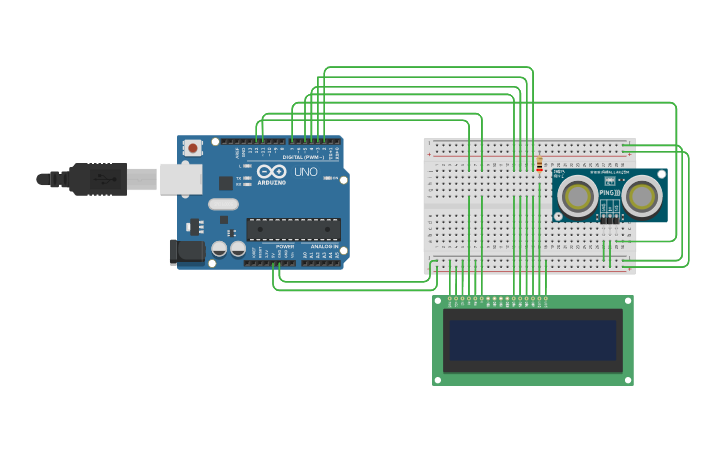 Circuit design Ultrasonic distance sensor with LED screen - Tinkercad