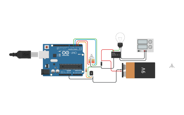 Circuit design Relay with RGB led - Tinkercad
