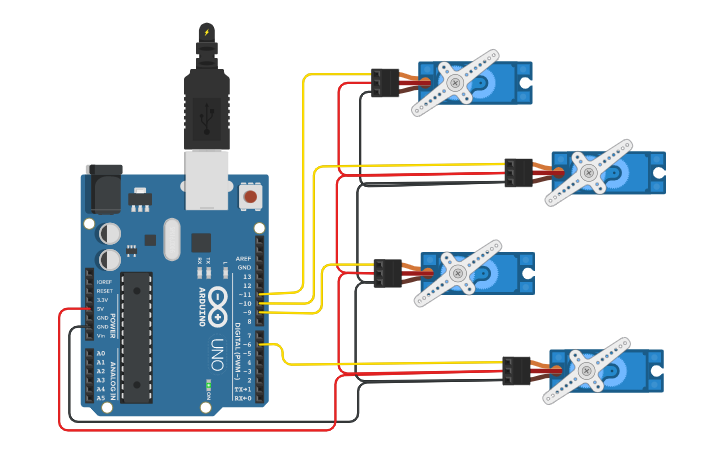 Circuit design Desafio 6- Controle 4 servo motores | Tinkercad Circuit design Desafio 6- Controle 4 servo motores | Tinkercad