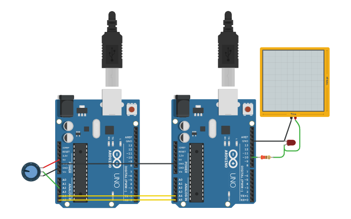 Circuit design I2C between Arduinos - Tinkercad