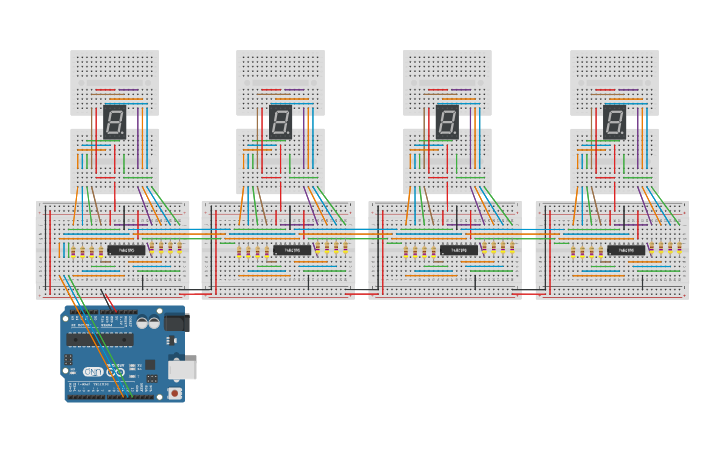 Circuit design Copy of 4 x 7 Segment display with 74hc595 - Tinkercad