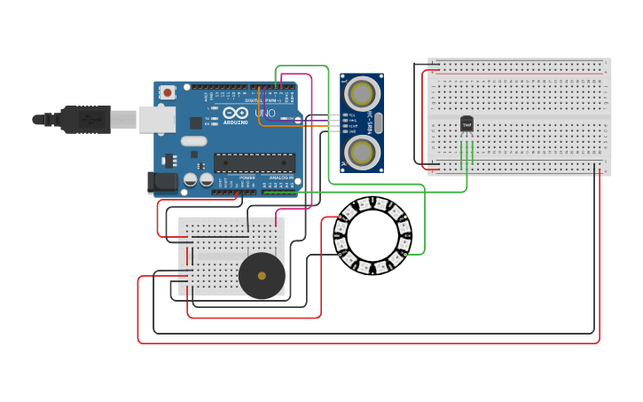 Circuit design Jarak dan Suhu | Tinkercad