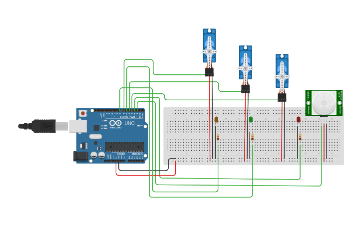 Circuit design 3 Servo motor with pir sensor - Tinkercad Circuit design 3 Servo motor with pir sensor - Tinkercad