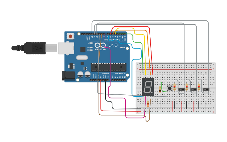Circuit design Display 7 segmentos cathodo común | Tinkercad
