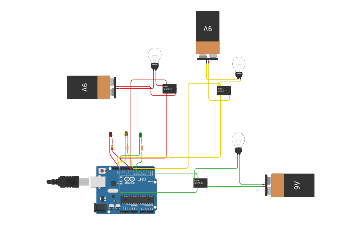 Circuit design Práctica 3 Semáforo con leds y focos con reles. - Tinkercad Circuit design Práctica 3 Semáforo con leds y focos con reles. - Tinkercad
