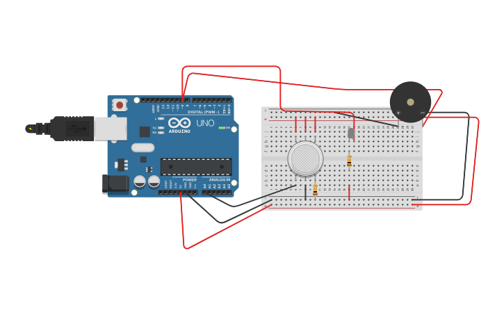 Circuit Design Give Alert Buzzer And Led Using Gas Sensor Iot Tinkercad