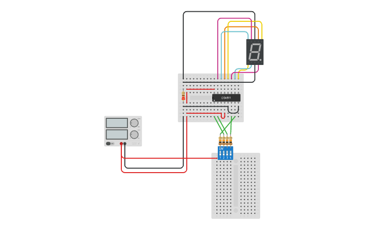 Circuit design 7 세그먼트 4511 디코더 (1): DIP 스위치 제어 - Tinkercad