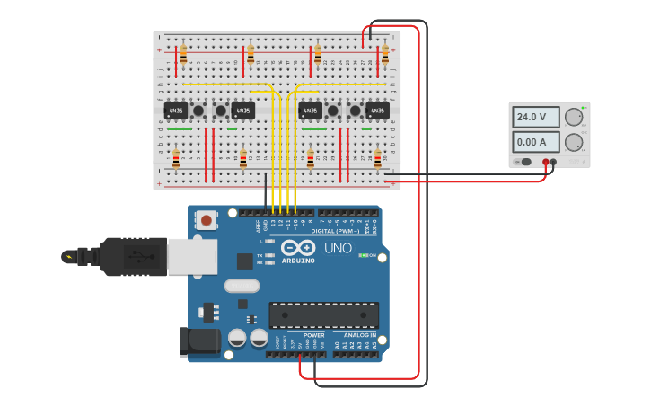 Circuit design 4 24Vdc inputs aansluiten op arduino - Tinkercad