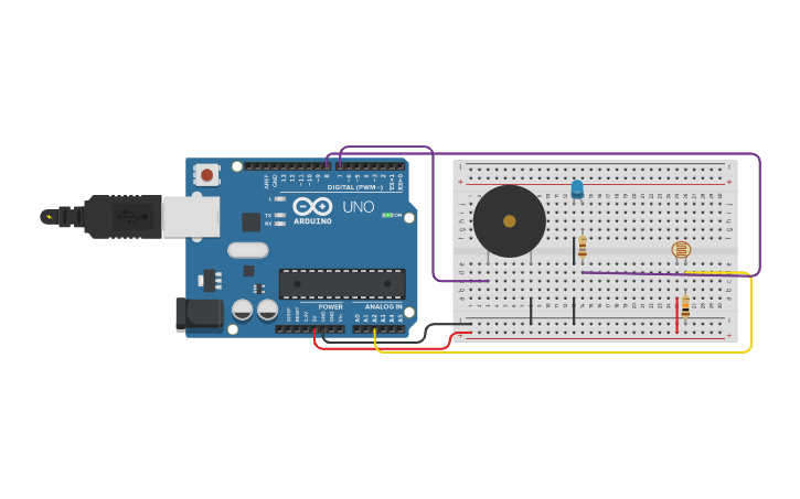 Circuit design alarme com LDR e Piezo (buzzer). . | Tinkercad