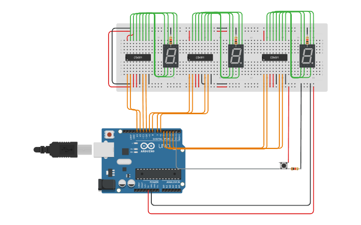 Circuit design 0-999 timer with reset button - Tinkercad