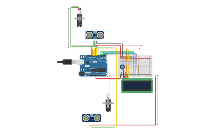 Circuit design Estacionamiento con Barreras - Tinkercad