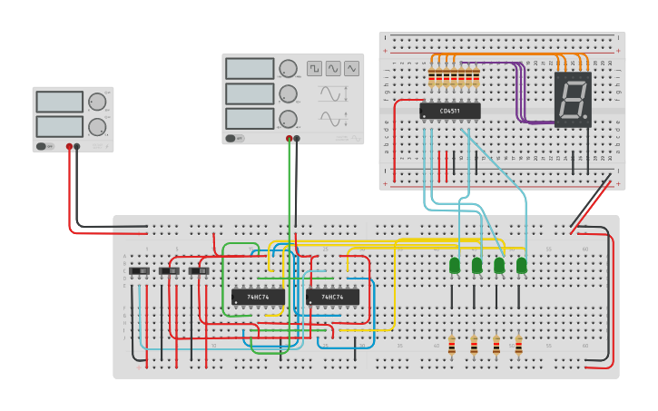 Circuit design 4-bit SIPO left-shifting register using 7-seg LED | Tinkercad