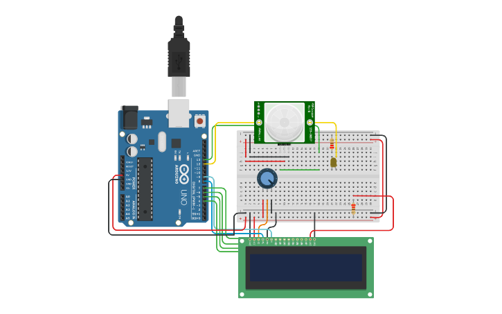 Circuit design PIR Sensor with LCD Display | Tinkercad
