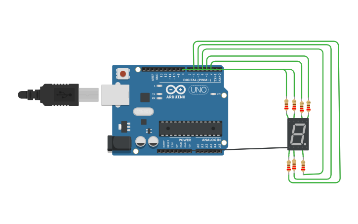 Circuit design Display de 7 segmentos | Tinkercad