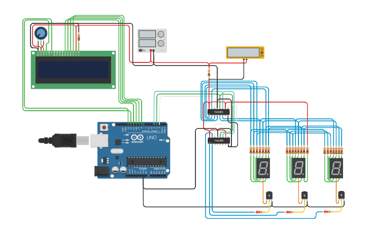 Circuit design 3 display de 7 segmentos con egistro desplazamiento 74HC595 - Tinkercad