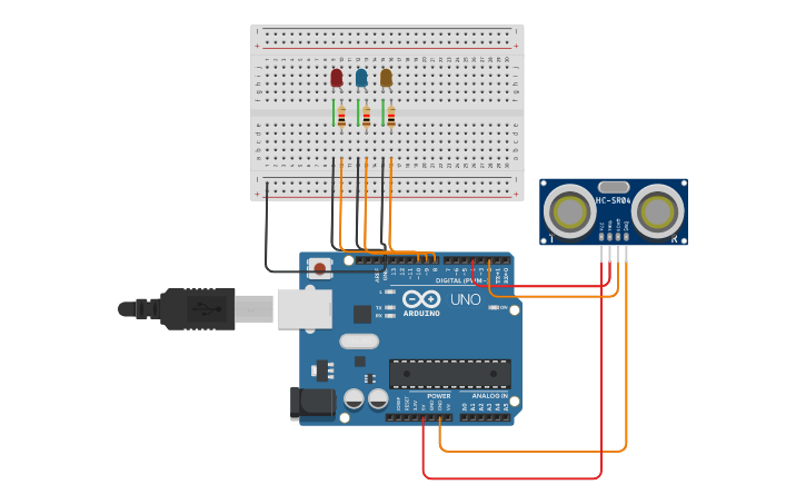 Circuit design Controlling lights with Ultrasonic Sensor | Tinkercad