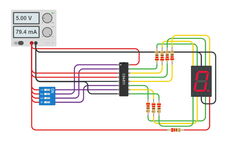 Circuit design Zapojení IO 4511 na čtyři vypínače | Tinkercad