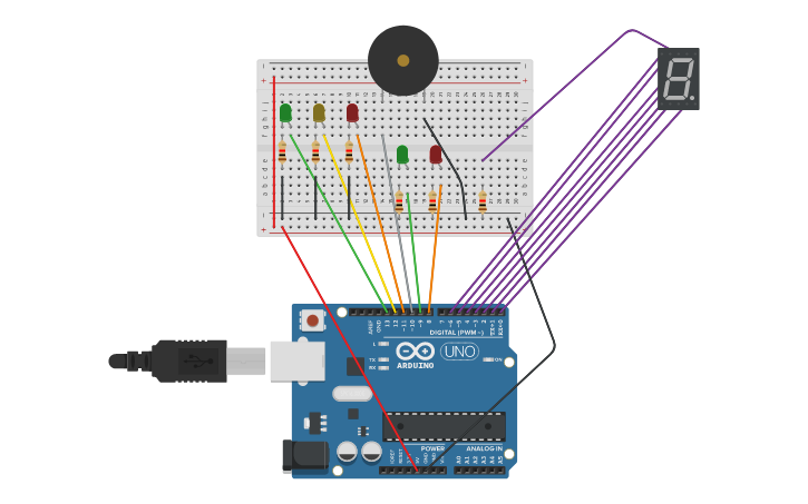 Circuit design Practica 3 elementos (semaforo cuenta atras con sonido) - Tinkercad