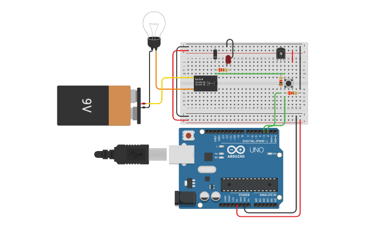 Circuit design Control Push Button with Relay - Tinkercad