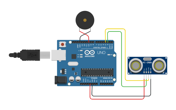 Circuit design Door Buzzer Using Ultrasonic sound | Tinkercad