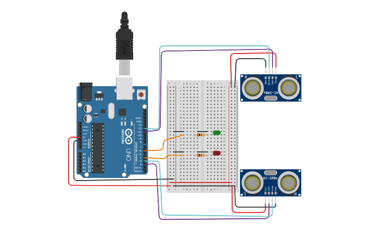 Circuit design Social distance using ultrasonic sensors - Tinkercad