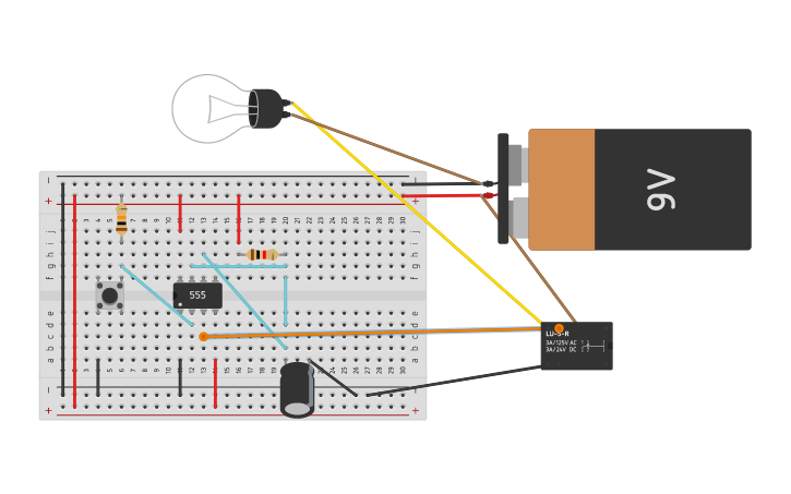 Circuit design NE555 c/ relé - Tinkercad
