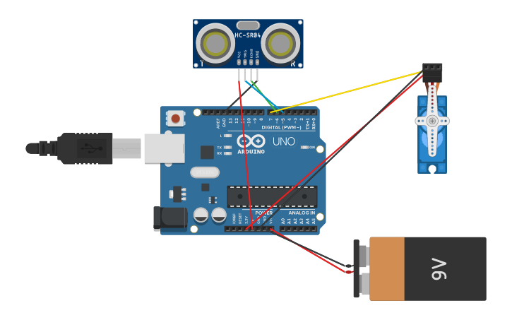 Circuit design Sistema sensor+servo | Tinkercad