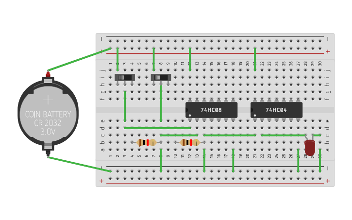Circuit design Práctica 4 (puerta AND y NOT) | Tinkercad