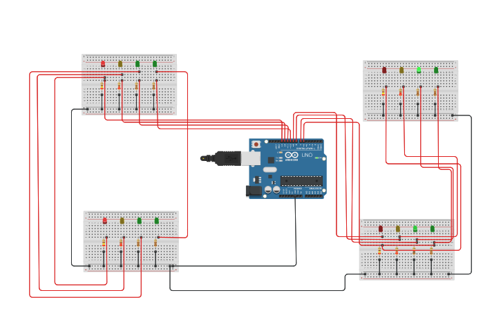 Circuit design 4 semáforos para un cruce - Tinkercad
