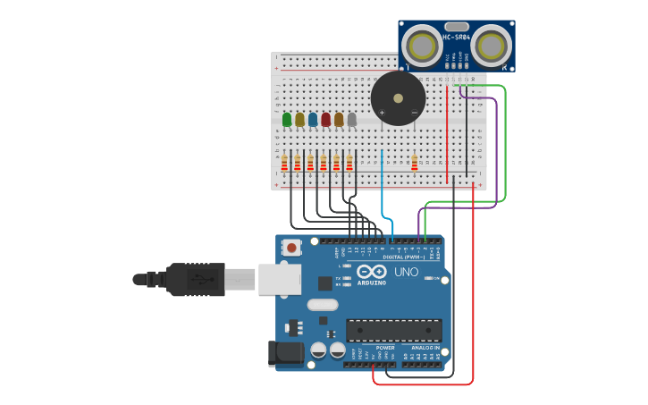 Circuit design MEJORADO DE SENSOR ULTRASONIDO - Tinkercad