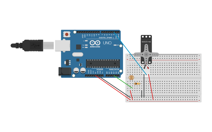 Circuit design 2.4 Memakai sensor cahaya dan micro servo | Tinkercad
