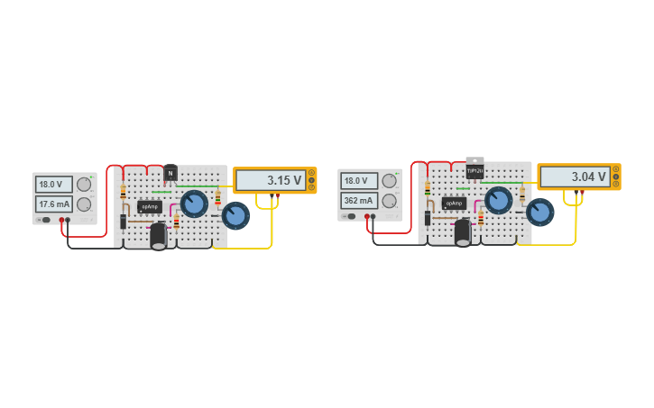 Circuit design Voltage Regulator via Zener + opAmp + Transistor - Tinkercad