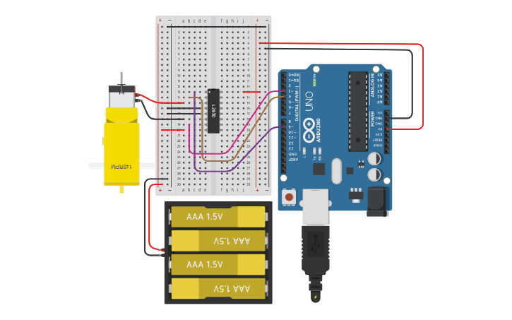 Circuit design One DC Motor using H-bridge (Blocks) | Tinkercad