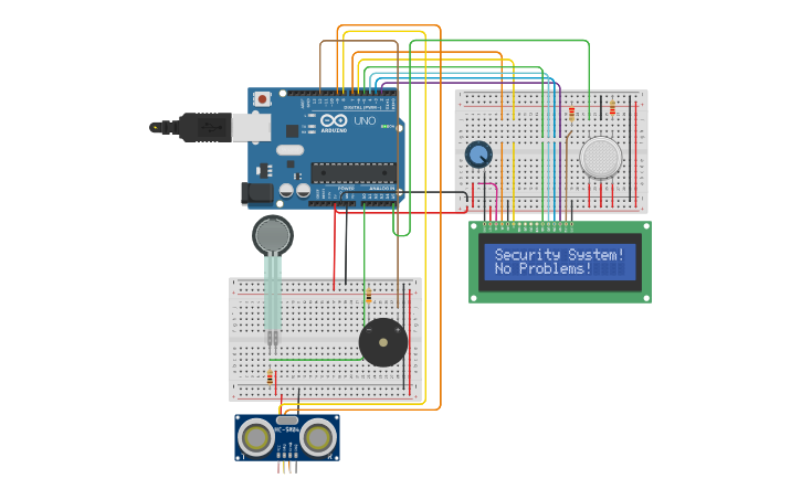 Circuit design Integrated Intrusion Detection and Fire Monitoring System - Tinkercad