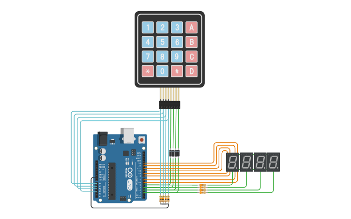 Circuit design Keypad + Display 7seg - Tinkercad