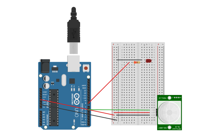 Circuit design EJERCICIO 7 SENSOR PIR | Tinkercad