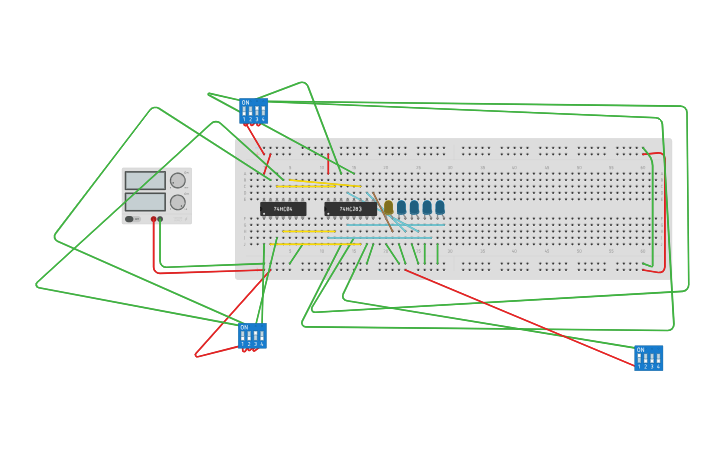 Circuit design 4-bit parallel subtractor implementation - Tinkercad