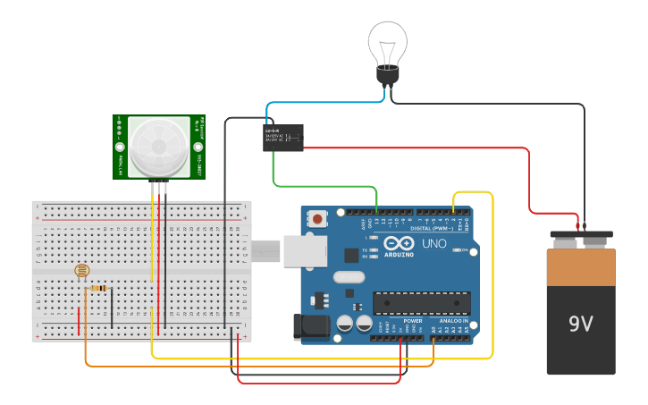 Circuit Design Sistem Lampu Otomatis Pendeteksi Gerakan Tinkercad