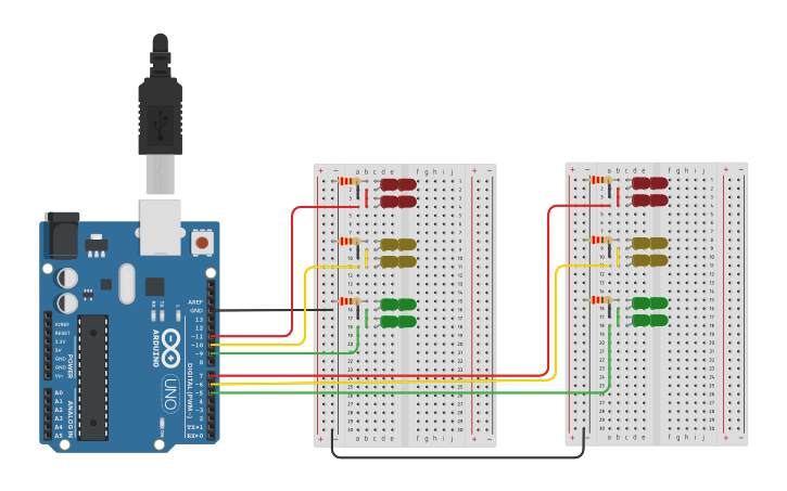 Circuit design Par de Semáforos - Cruzamento - Tinkercad