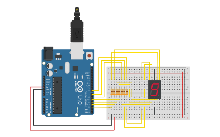 Circuit design BATUIGAS – QUIZ 02 – 7-SEGMENT DISPLAY (USING LOOPS) | Tinkercad
