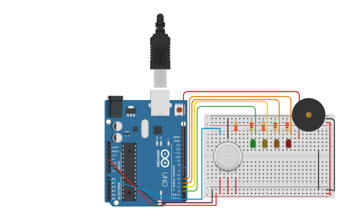 Circuit design Gas Sensor and Buzzer - Tinkercad