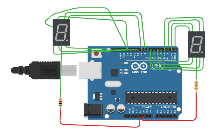 Circuit design 7-segment LED | Tinkercad
