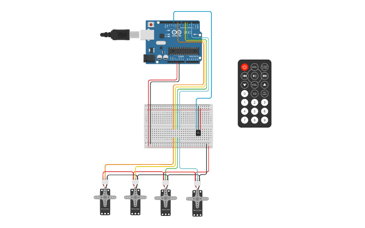 Circuit design 4 Servos with IR remote basico infomed2020 | Tinkercad