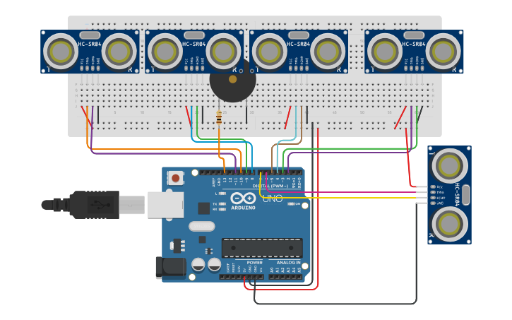 Circuit design five ultrasonic sensors - Tinkercad