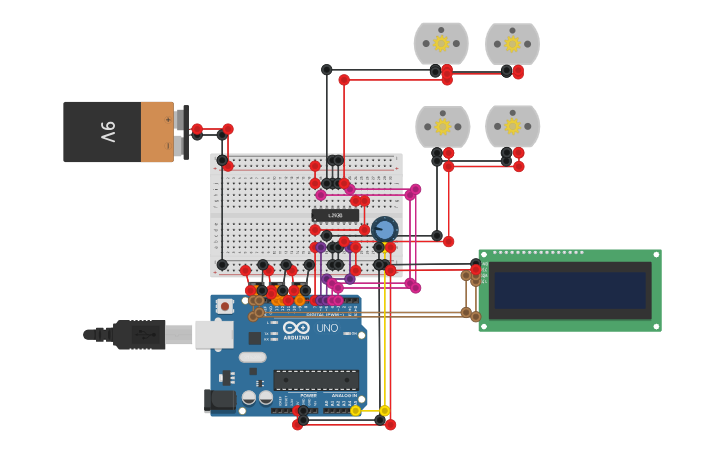 Circuit design 4 Wheel Drive with Display - Tinkercad