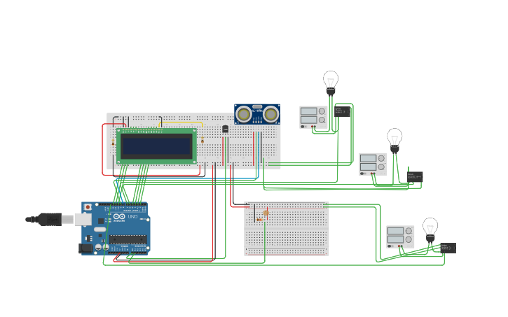 Circuit design Simulasi 3 Sensor (Suhu, Jarak, dan Cahaya) - Tinkercad Circuit design Simulasi 3 Sensor (Suhu, Jarak, dan Cahaya) - Tinkercad