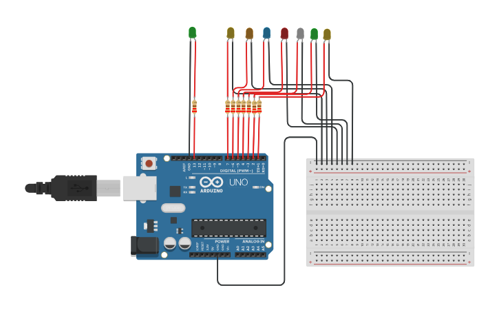 Circuit design TP Chenillard Aller Retour 8 LED - Tinkercad