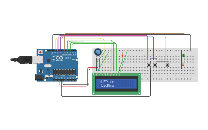 Circuit design Copy of LCD Menu + LED - Tinkercad